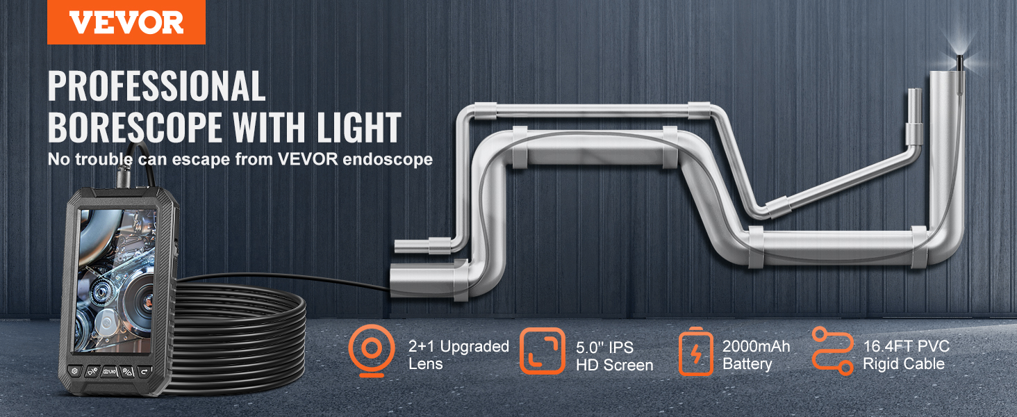 VEVOR Endoscope Camera with Lights Triple Lens Borescope 16.4FT Cable 5 ...