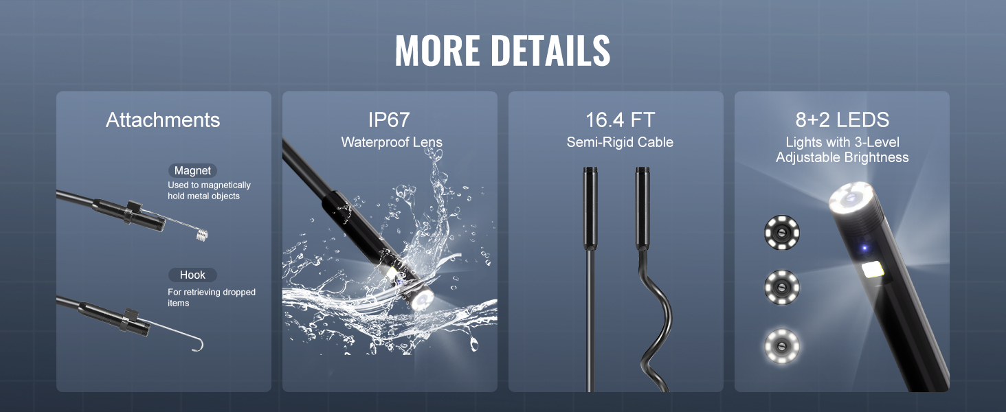 VEVOR Endoscope Camera with Lights Triple Lens Borescope 16.4FT Cable 5 ...