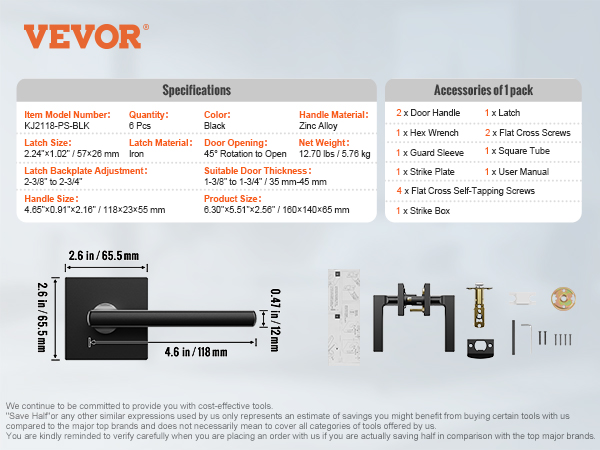 VEVOR Passage Door Handle, 6 Pack Matte Black Door Lever, Left or Right ...
