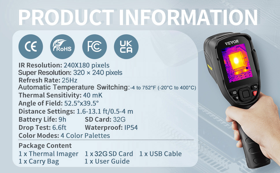 VEVOR Thermal Imaging Camera, 320 x 240 Pixels Super Resolution, 25Hz ...