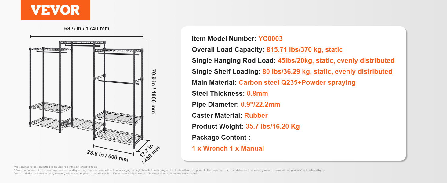 VEVOR Heavy Duty Clothes Rack, Rolling Clothing Garment Rack with 4 ...