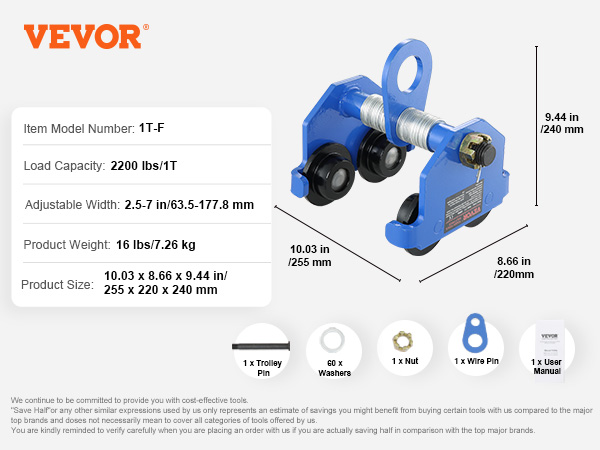 VEVOR Laufkatze 1Tonnen Tragfähigkeit Hallenkran 63,5-177,8mm ...