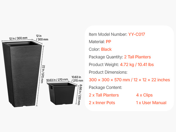 Tall Planter Set of 2 Square Tapered Planters 22 in for Outdoor Indoor ...