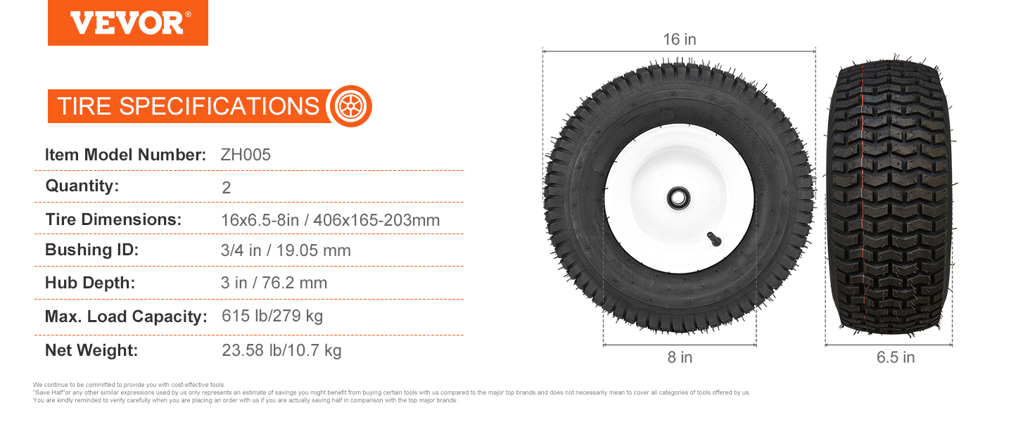 VEVOR Lawn Mower Tires with Rim, 16x6.5-8" Tubeless Tractor Tires, 2 ...