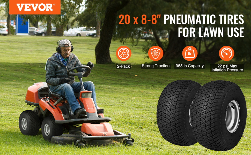 VEVOR Lawn Mower Tires with Rim, 20x8-8" Tubeless Tractor Tires, 2-Pack ...