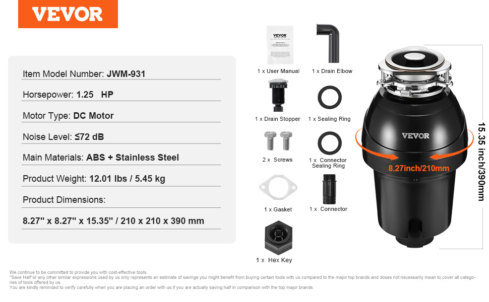 VEVOR Garbage Disposal 1.25 HP Continuous Food Waste Disposer 3360RPM ...
