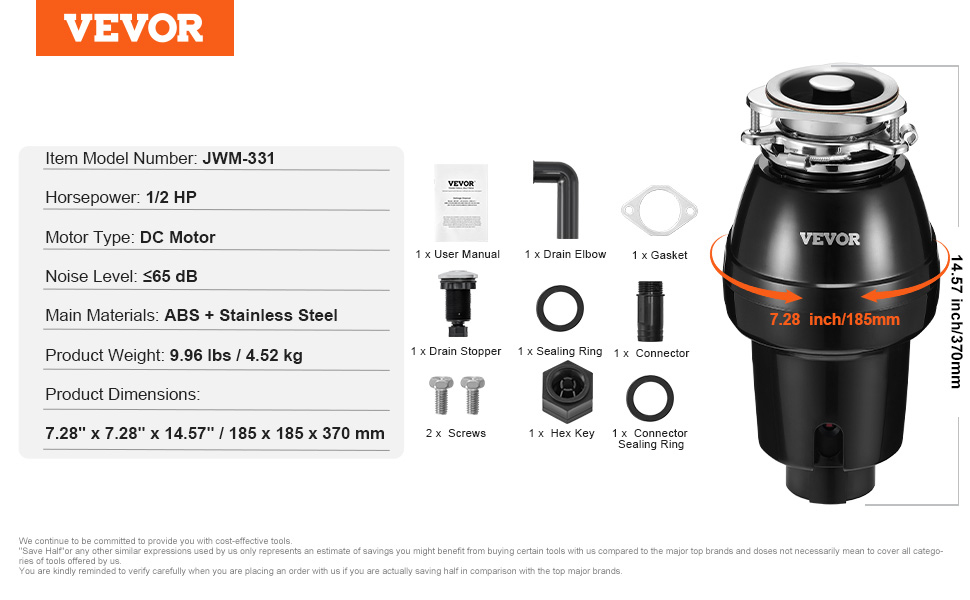 Garbage Disposal 1/2 HP Continuous Food Waste Disposer 3450 RPM 3-Bolt ...