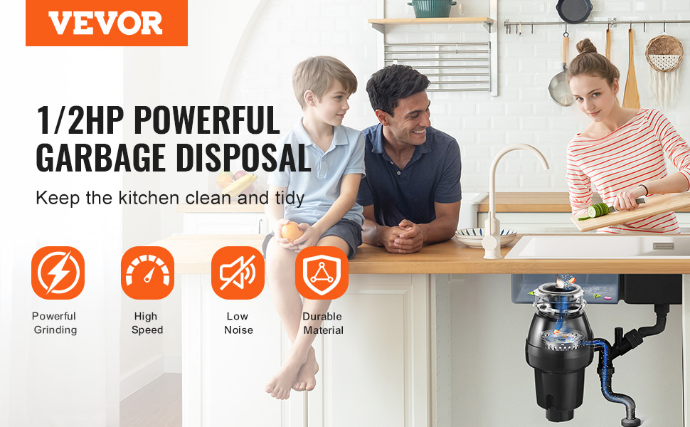 Garbage Disposal 1/2 HP Continuous Food Waste Disposer 3450 RPM 3-Bolt ...