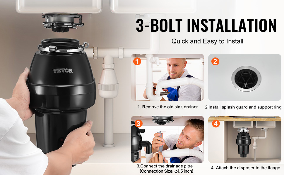 VEVOR Garbage Disposal 1/2 HP Continuous Food Waste Disposer 3450 RPM 3 ...