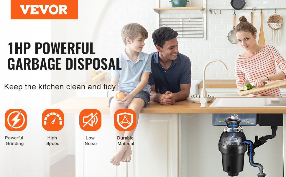 Garbage Disposal 1 HP Continuous Food Waste Disposer 3270 RPM EZ ...