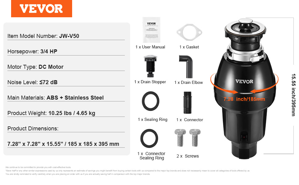 Garbage Disposal 3/4 HP Continuous Food Waste Disposer 3250RPM EZ ...