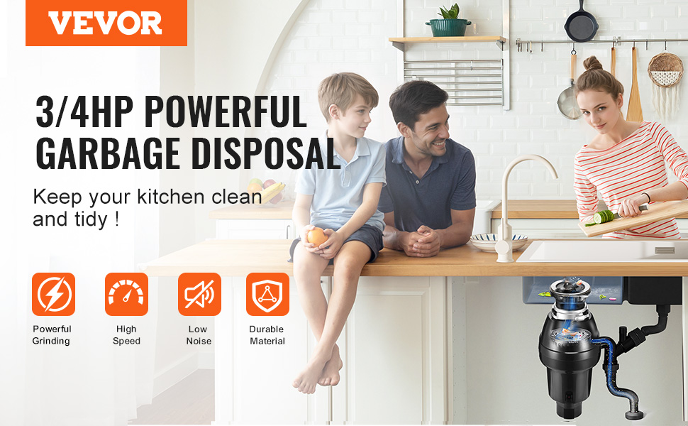 Garbage Disposal 3/4 HP Continuous Food Waste Disposer 3250RPM EZ ...