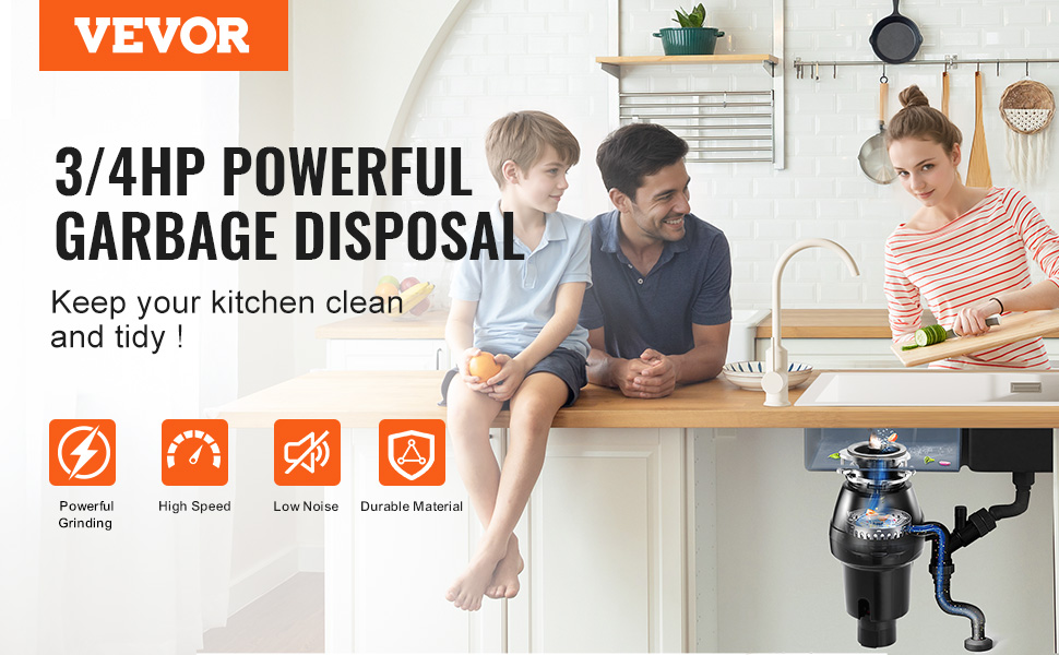Garbage Disposal 3/4 HP Continuous Food Waste Disposer 3260 RPM 3-Bolt ...