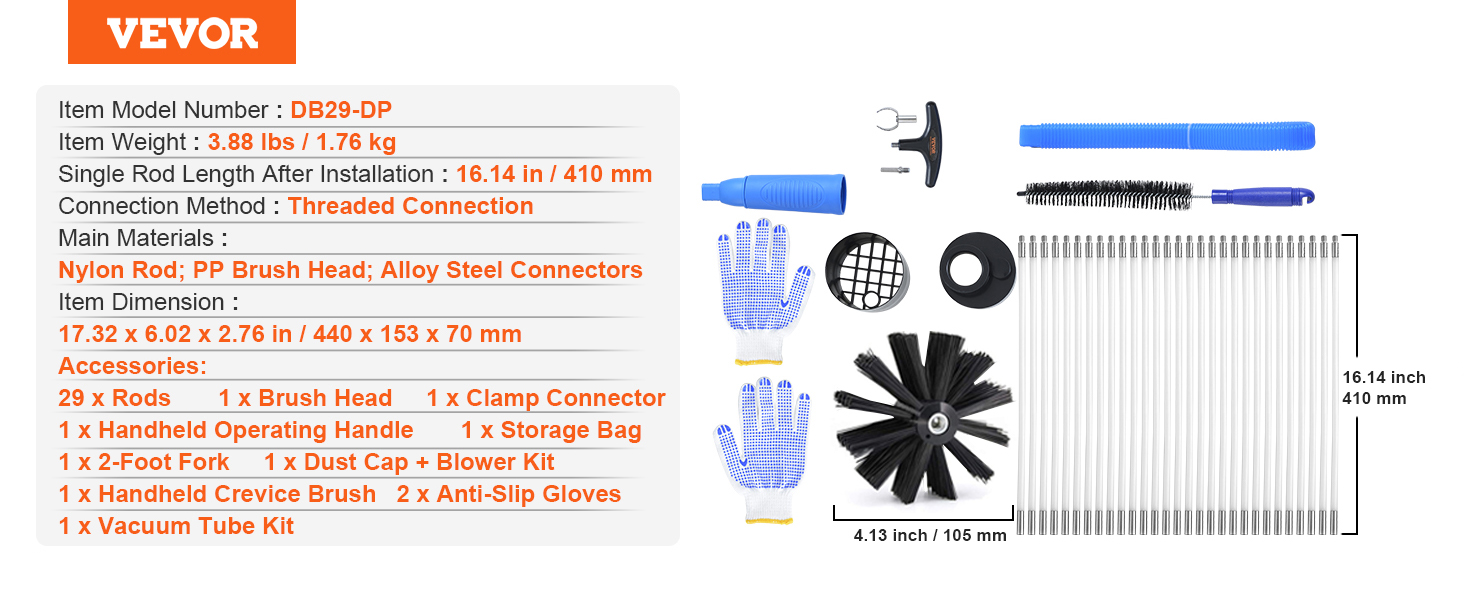 VEVOR 40 FEET Dryer Vent Cleaner Kit, 29 Pieces Duct Cleaning Brush ...