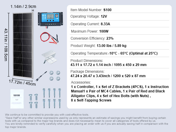 VEVOR 100W Monocrystalline Solar Panel Kit 12V Solar Panel & Charge ...