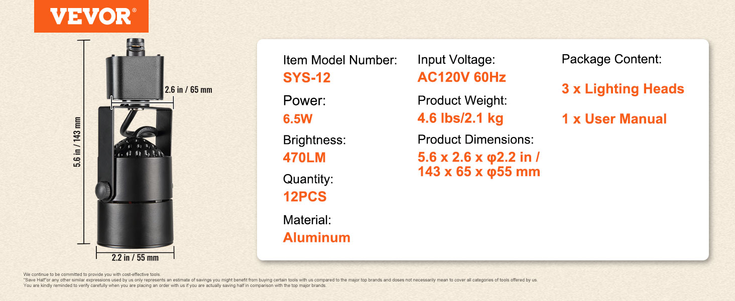 VEVOR LED Track Lighting Heads, 6.5W 3000K 470lm Warm White, Dimmable H ...