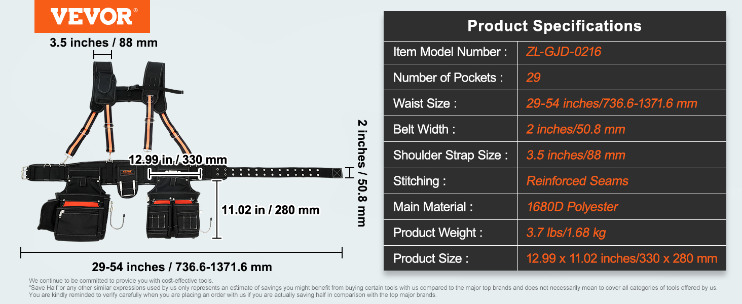 VEVOR Tool Belt with Suspenders 1680D Polyester, 29 Pockets, 29-54 ...
