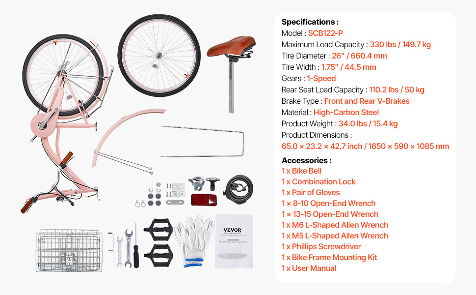 26-Inch Cruiser Bike 1-Speed Pink Beach Cruiser Bike with Basket | VEVOR US