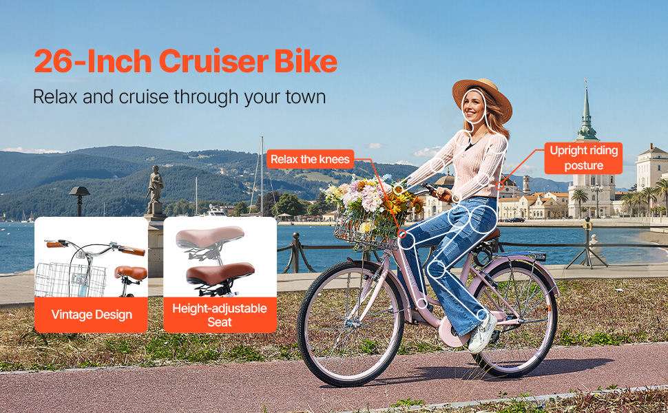 26-Inch Cruiser Bike 1-Speed Pink Beach Cruiser Bike with Basket | VEVOR US