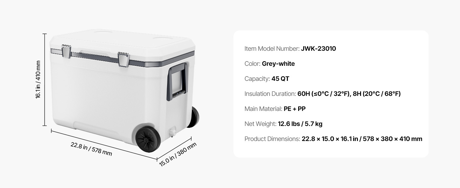 Portable Cooler 45 QT Insulated Wheeled Cooler 64 Can Capacity with Cup ...