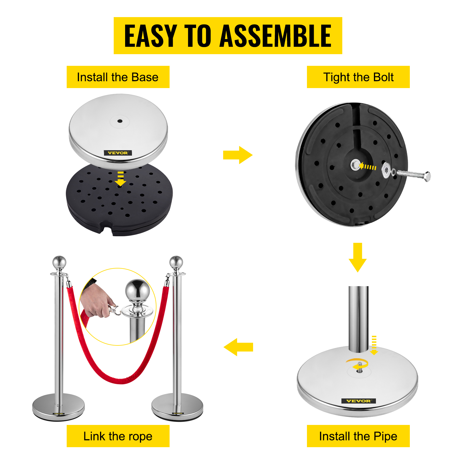 VEVOR 4PCS Stainless Steel Stanchion Posts Queue, Red Velvet Ropes ...
