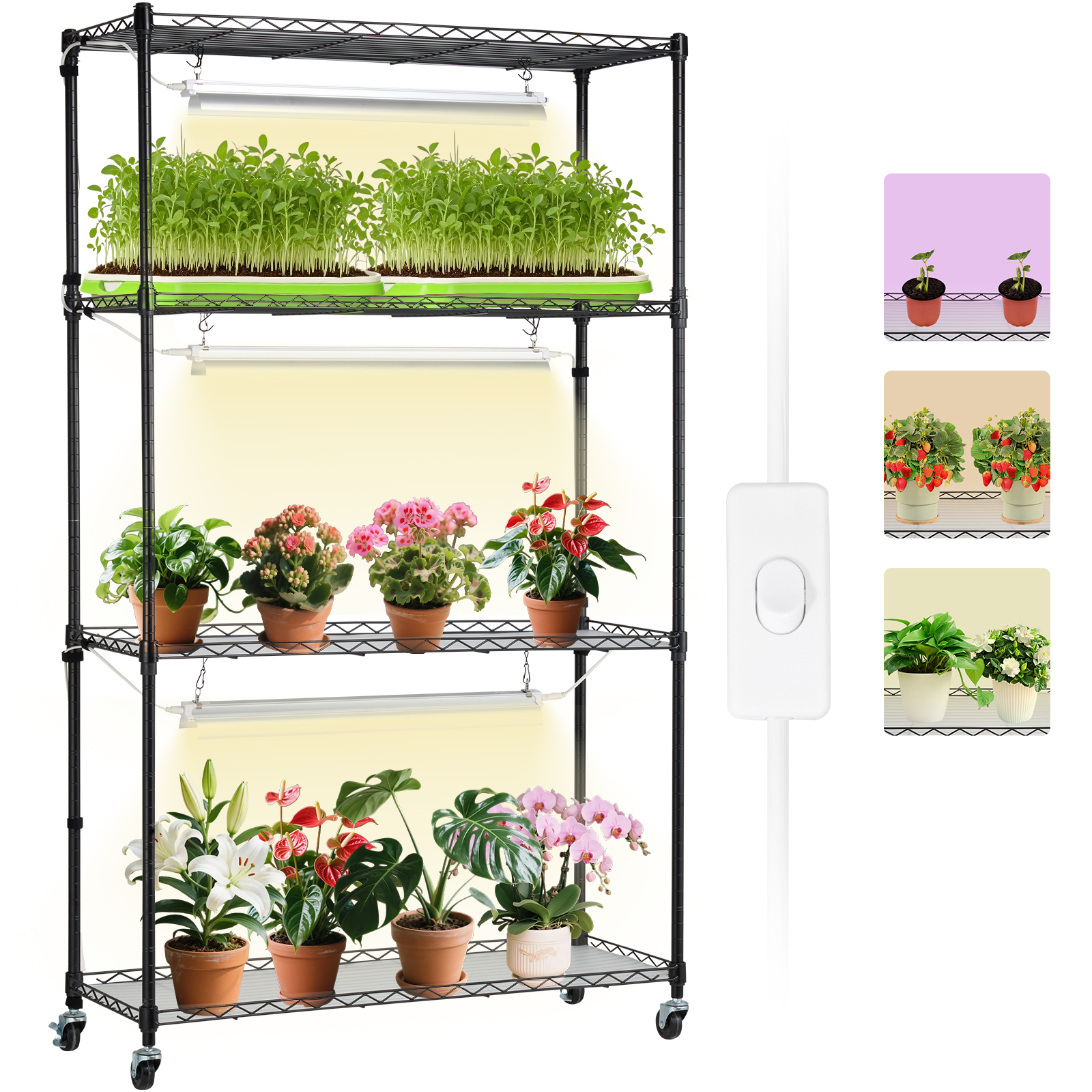 VEVOR Plant Stand with Grow Light, 4 Tier Plant Shelf with 90W Grow ...