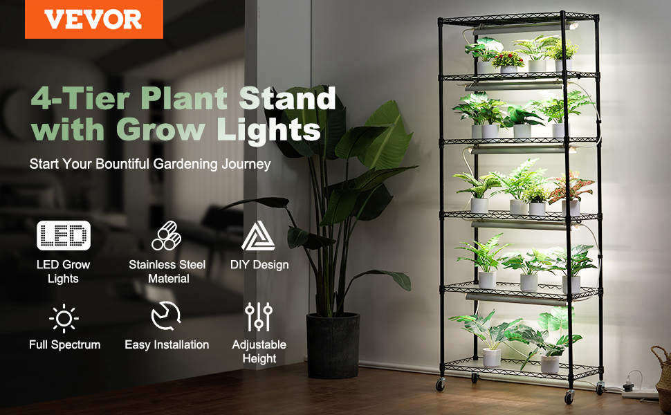 VEVOR DIY Plant Stand with Grow Light, 6-Tier Large Tall Plant Shelf ...