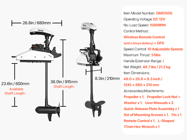 VEVOR 55lb 12V Thrust Electric Trolling Motor Saltwater Boat Engine 36 ...