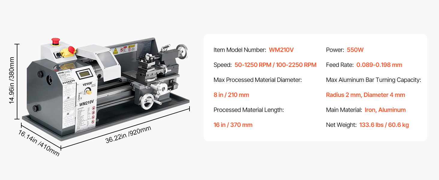 VEVOR Metal Lathe 8 x 16 in 550W Benchtop Lathe Machine 0-2500RPM ...