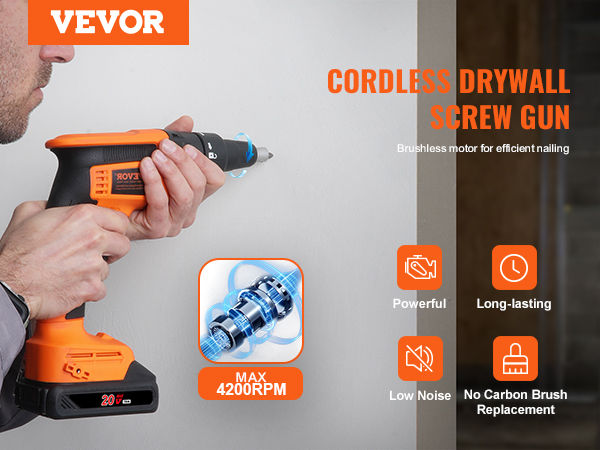 VEVOR Drywall Screw Gun, 20V Max Drywall Screwgun, 4200RPM Brushless ...