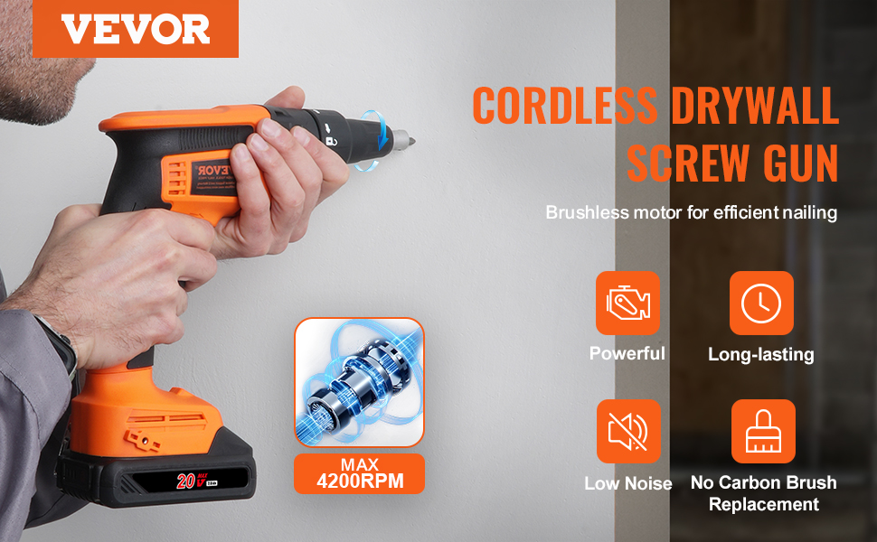 VEVOR Drywall Screw Gun, 20V Max Drywall Screwgun, 4200RPM Brushless ...