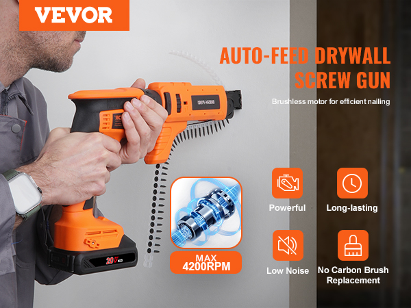 VEVOR Drywall Screw Gun Auto-Feed, 20V Max Collated Drywall Screwgun ...