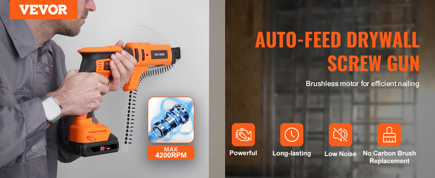 VEVOR Drywall Screw Gun Auto-Feed, 20V Max Collated Drywall Screwgun ...