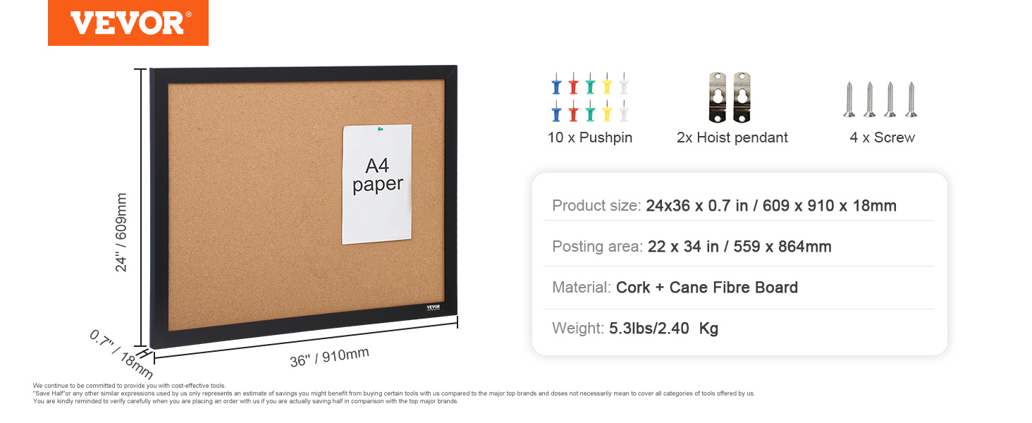 VEVOR Cork Board, 36x24 inches Bulletin Board with MDF Sticker Frame ...