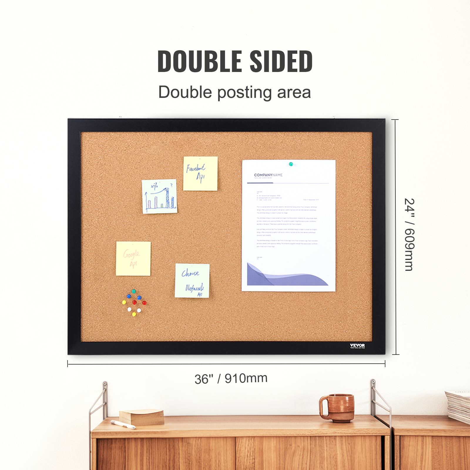 VEVOR Cork Board, 36x24 inches Bulletin Board with MDF Sticker Frame ...