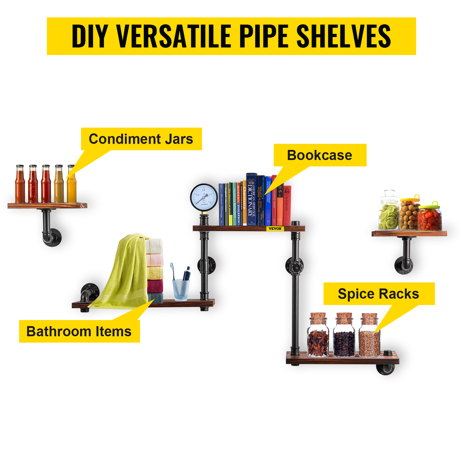 VEVOR Industrial Pipe Shelving, Pipe Shelves with 5-Tier Wood Planks ...