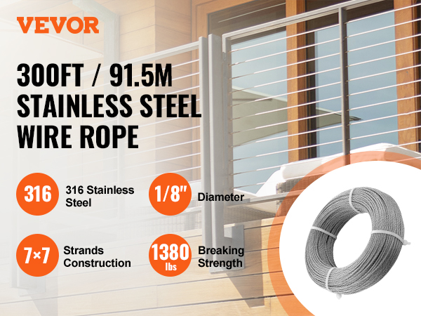 VEVOR T316 Deck Railing Cable, 1/8" Stainless Steel Wire Rope 300 ft ...