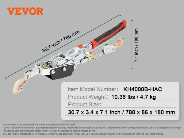VEVOR Come Along Winch, 4 Ton (8,818 lbs) Pulling Capacity, 10 ft Steel ...