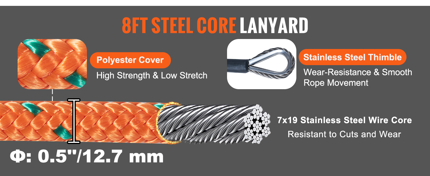 VEVOR Steel Core flipline, 1/2" x 8' Arborist Flipline, Flip Line for ...