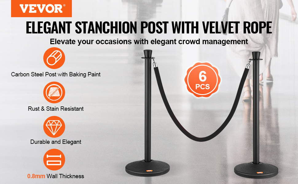 VEVOR Stanchion Post with Velvet Rope, 6-Pack Crowd Control Stanchion ...