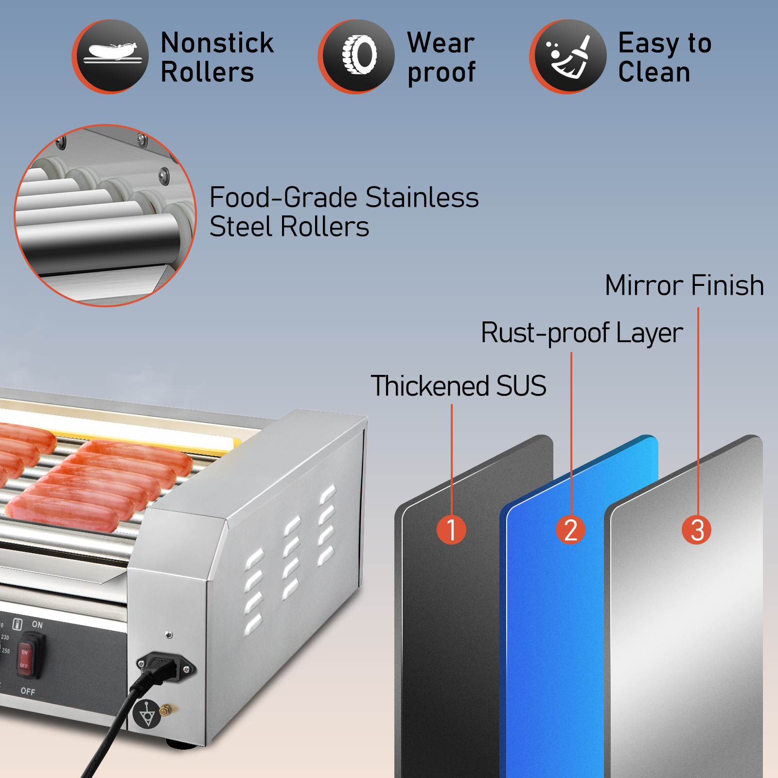 VEVOR Hot Dog Roller, 18 Hot Dog Capacity 7 Rollers, 1050W Stainless ...