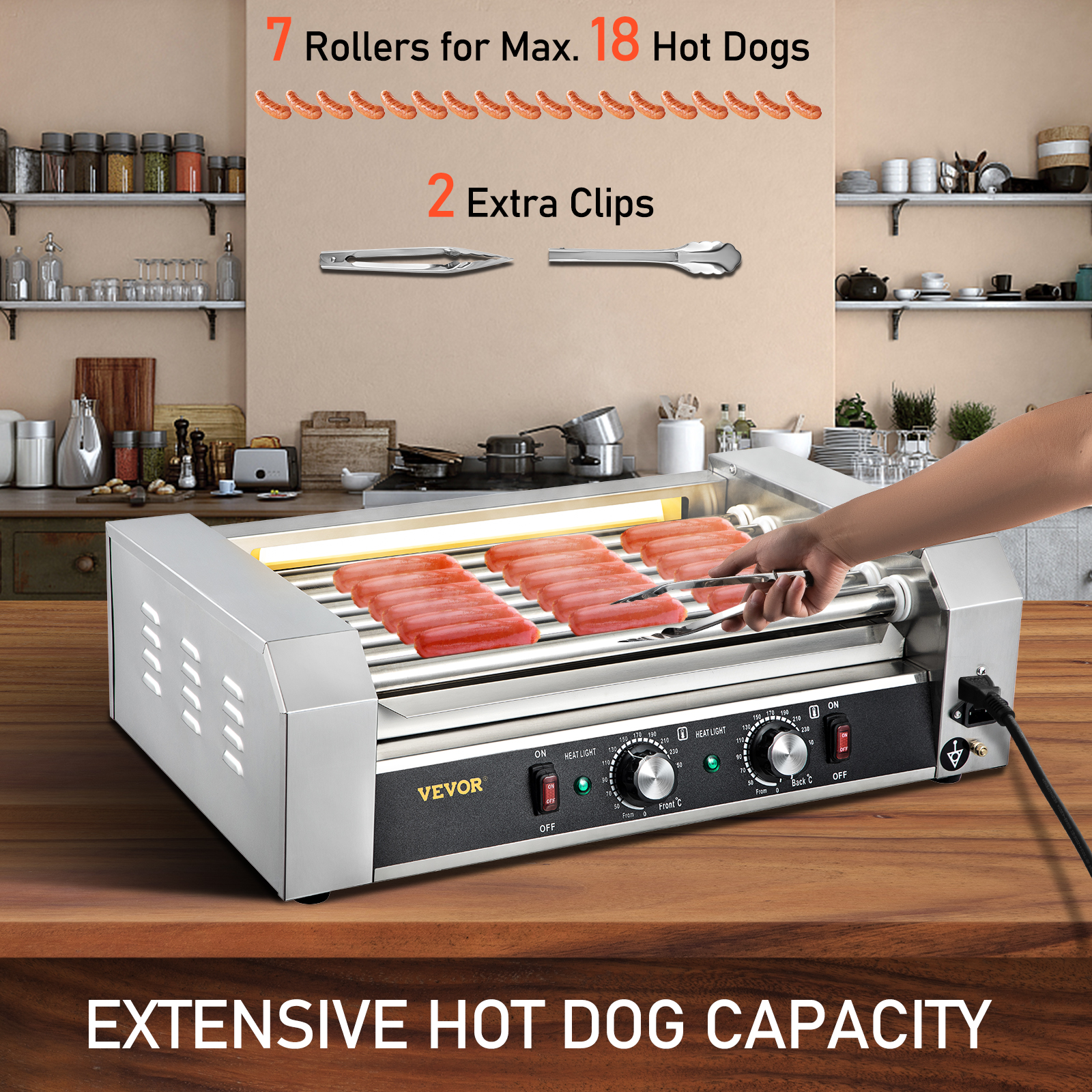 VEVOR Hot Dog Roller, 18 Hot Dog Capacity 7 Rollers, 1050W Stainless ...