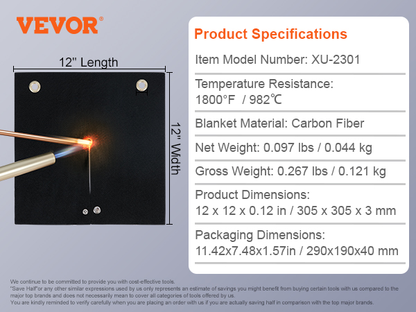 VEVOR Welding Blanket, 12" x 12" Carbon Fiber Heat Shield Welding Mat ...