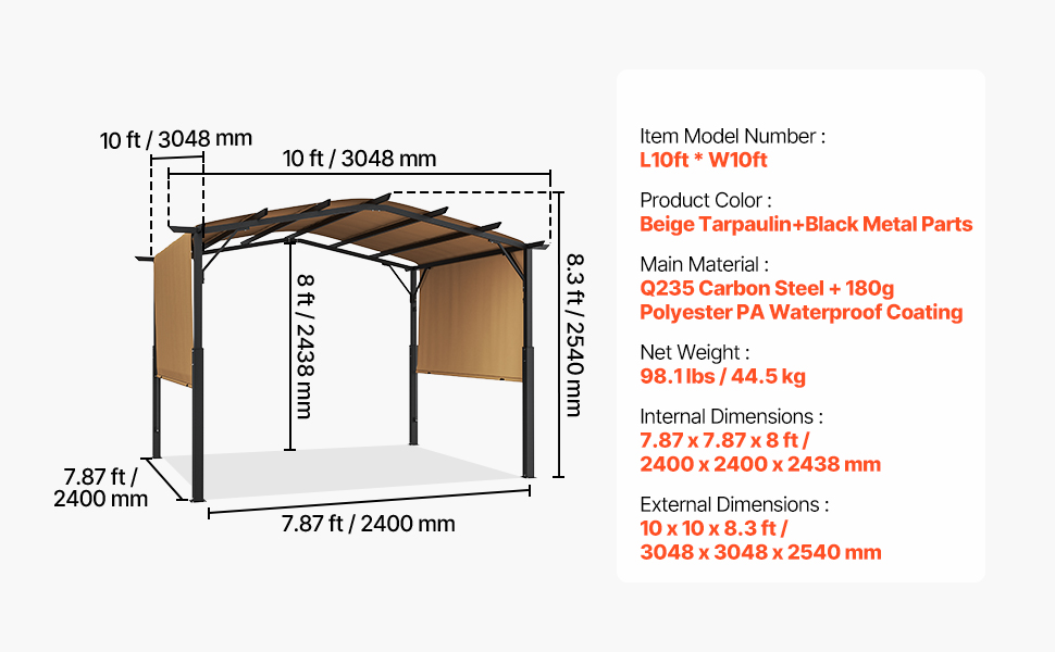 VEVOR 10x10 ft Outdoor Retractable Pergola with Canopy Arched Top Metal ...