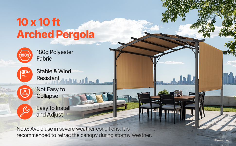 VEVOR 10x10 ft Outdoor Retractable Pergola with Canopy Arched Top Metal ...