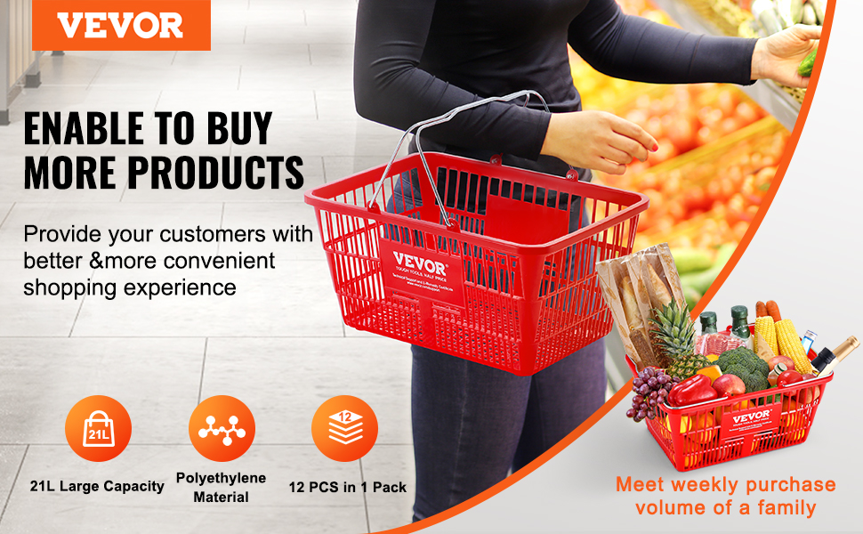 VEVOR Shopping Basket, Set of 12, 21L Durable Plastic Grocery Basket ...