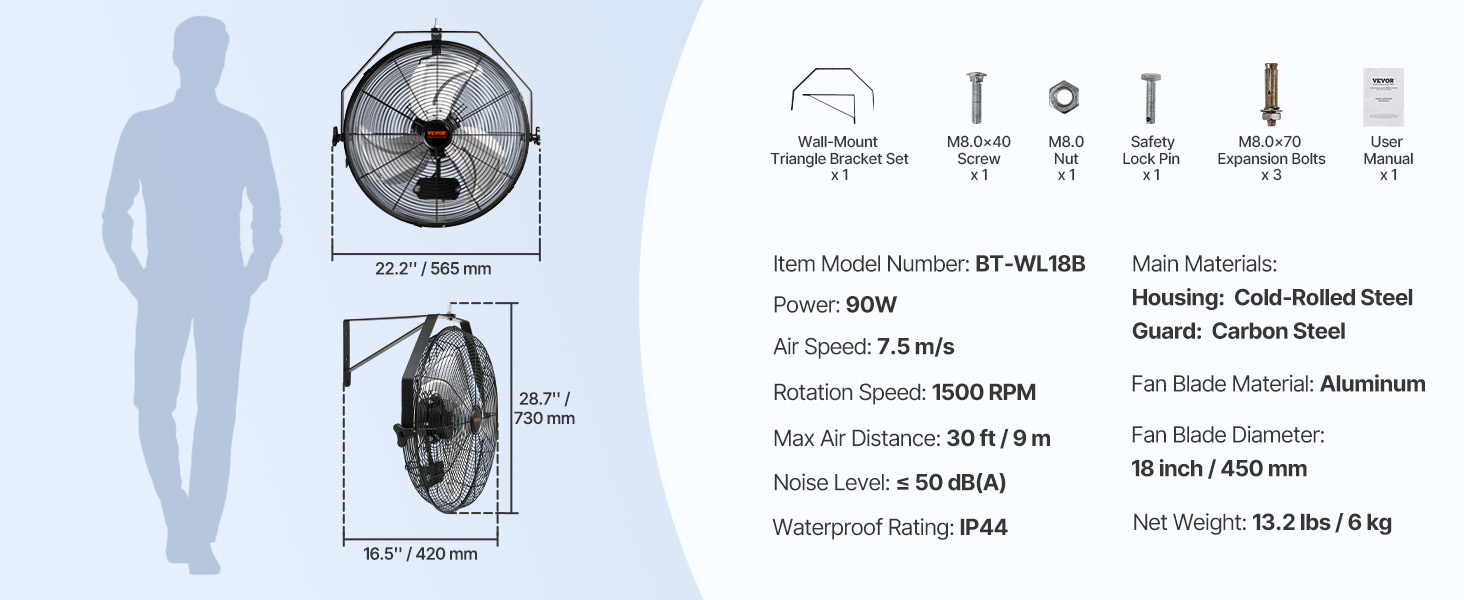 VEVOR Wall Mount Fan, 18 Inch, 3-speed High Velocity Max. 4150 CFM ...
