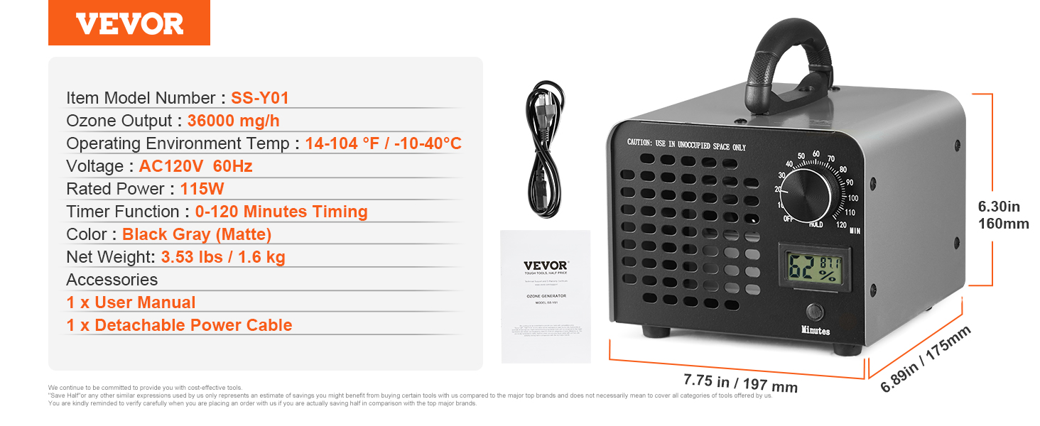 VEVOR Ozone Generator, 36000mg/h Ozone Machine Odor Remover, High ...