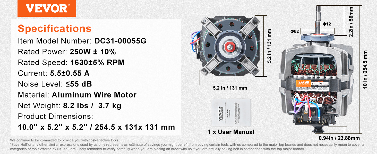 VEVOR DC31-00055G Dryer Drive Motor, 1/3HP, 1630RPM, Compatible with ...