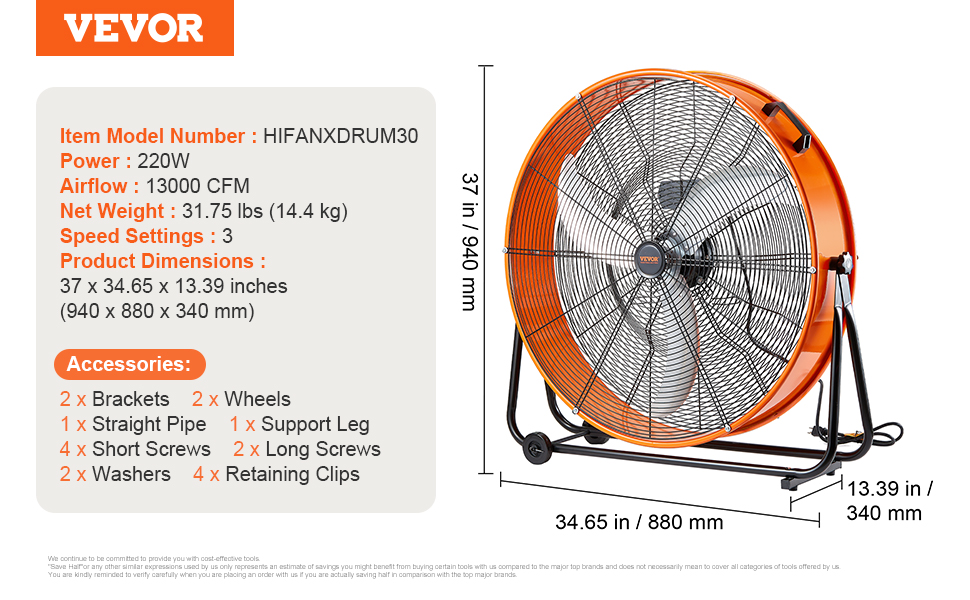 Drum Fan 30 Inch High Velocity Industrial Use 3-Speed 13000CFM for ...